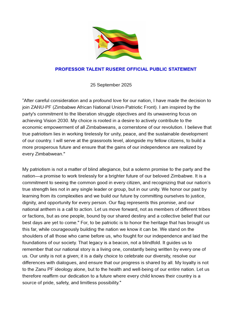 Professor Rusere Joins ZANU-PF for Vision 2030 | PDF | Zimbabwe