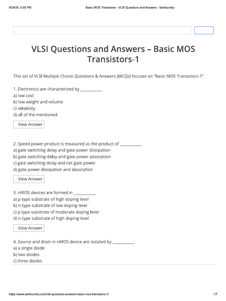 VLSI Questions and Answers - Basic MOS Transistors-1 | PDF