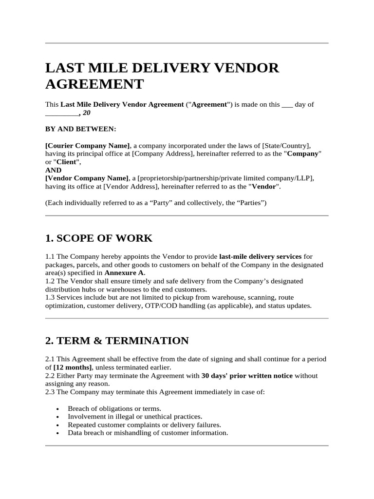 Last Mile Delivery Vendor Agreement | PDF | Indemnity | Insurance