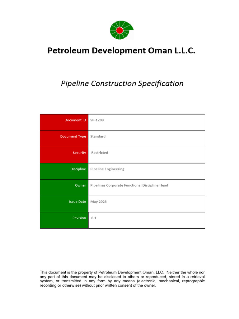 Pipeline Construction Specification SP-1208 | PDF | Pipe (Fluid ...