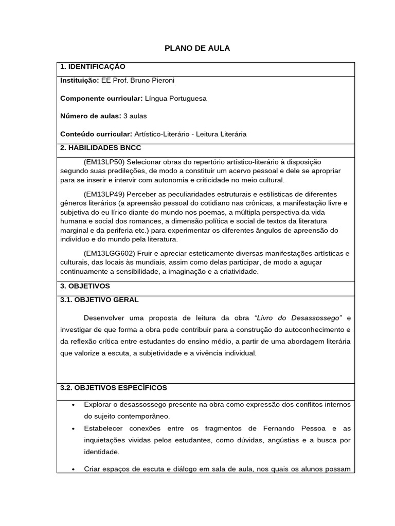 Plano de Aula - Projeto Integrador III | PDF | Experiência | Pensamento