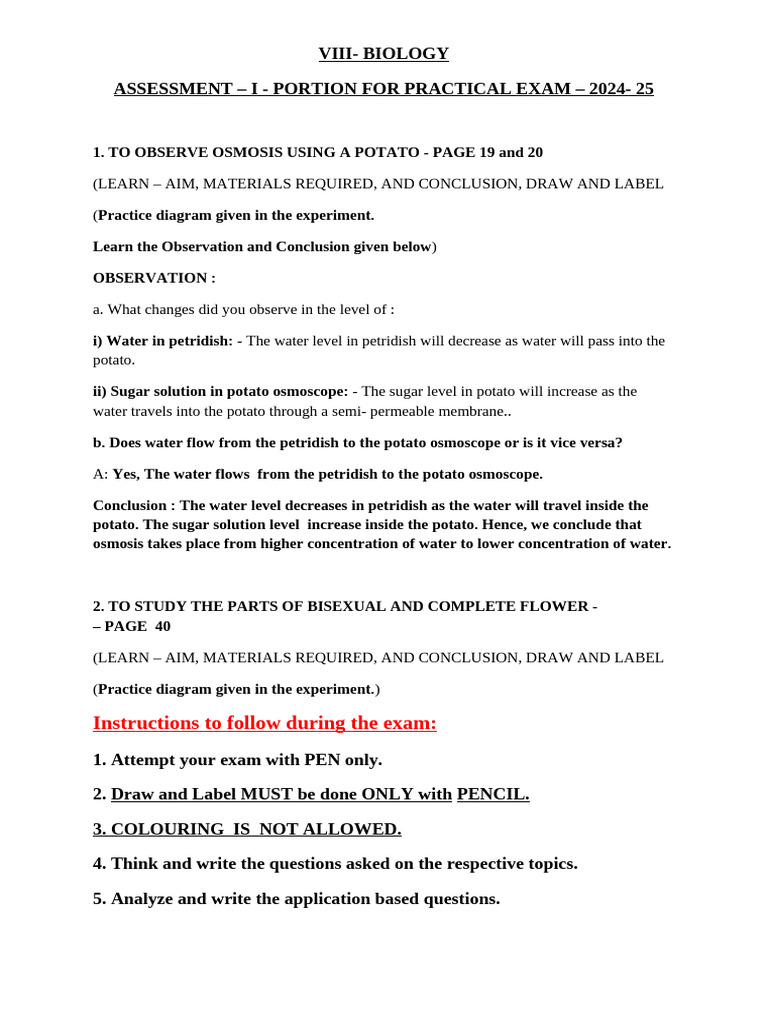 A1 VIII BIOLOGY Practical Exam Portion 202425 | PDF