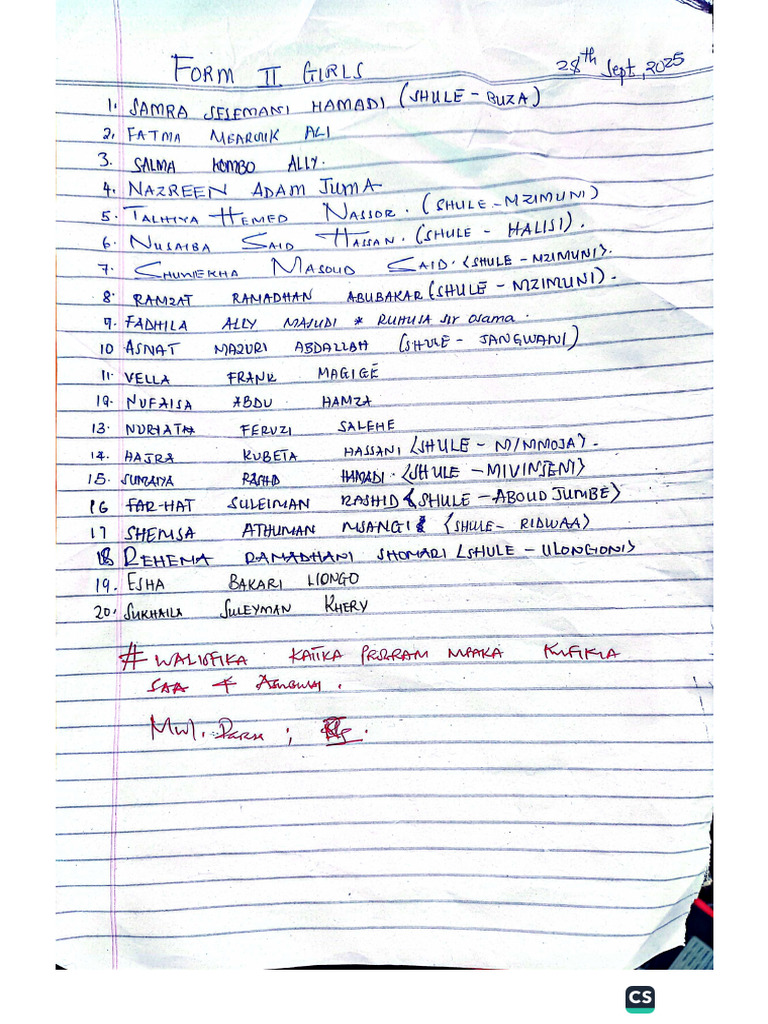 Form Two, Girls. | PDF