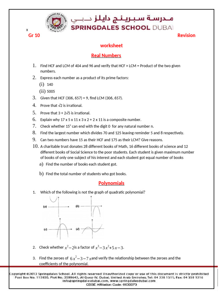 Revision Worksheet PA1 Grade 10 | PDF | Polynomial | Numbers