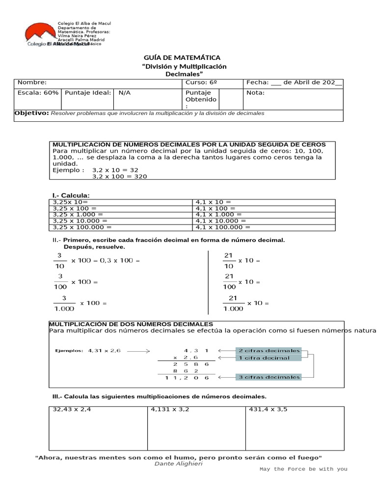 Multiplicación y División de Decimales | PDF | Aritmética | Notación ...