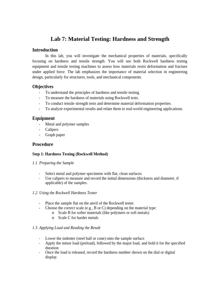 Hardness and Strength Testing Lab Guide | PDF | Ultimate Tensile ...