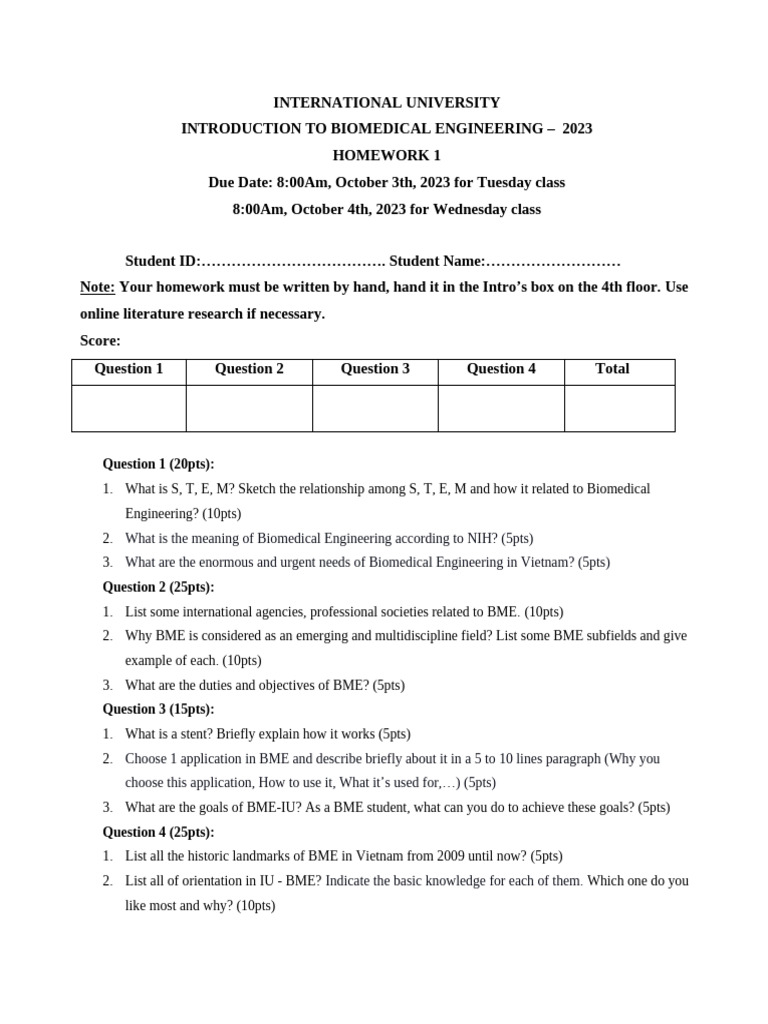 Biomedical Engineering Homework 2023 | PDF