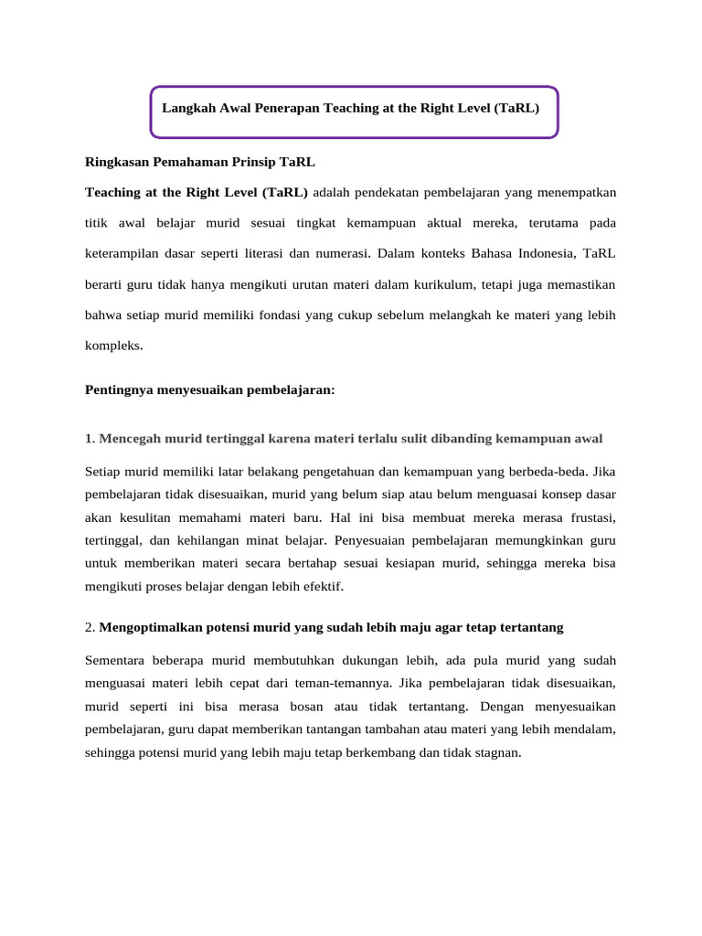 Langkah Awal Penerapan Teaching at The Right Level (TaRL) | PDF