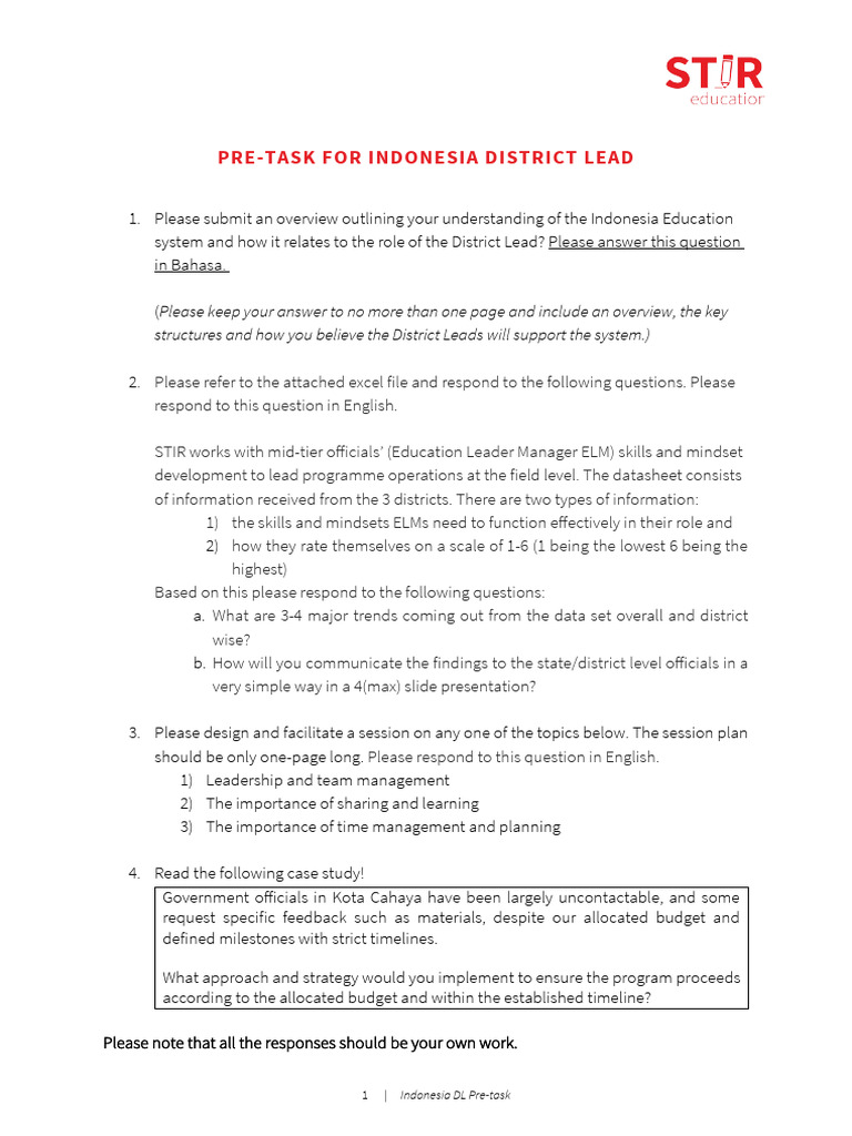 STiR District Lead Pre-Task - v2.0 | PDF