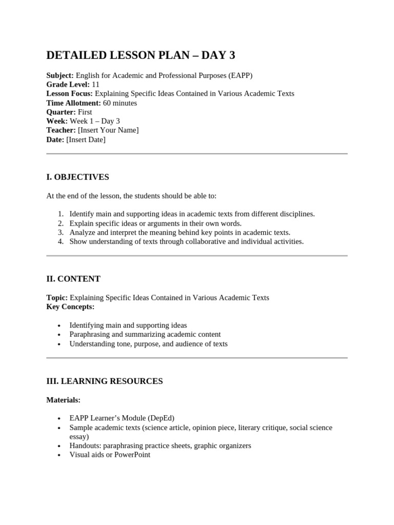 EAPP Lesson Plan: Analyzing Academic Texts | PDF | Learning | Human ...