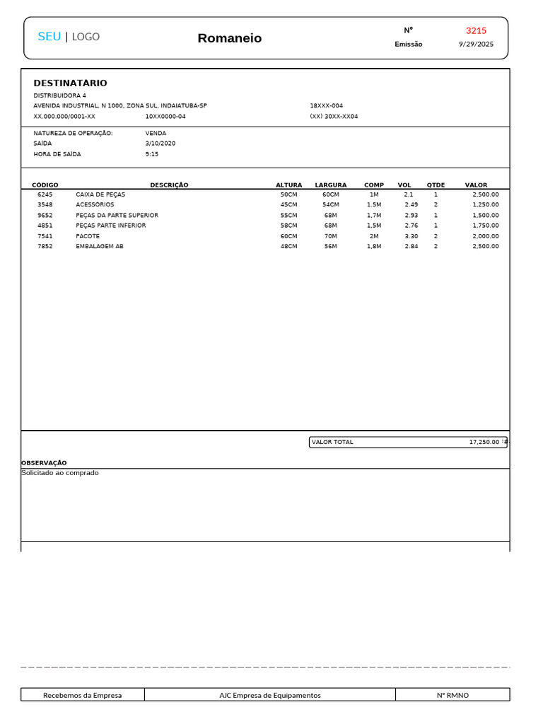Romaneio de Entrega em Excel Grátis | PDF