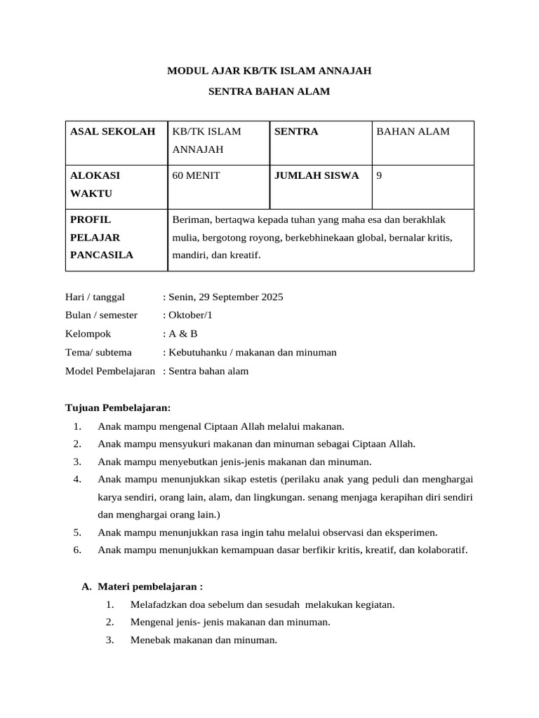 Modul Pembelajaran Makanan Anak TK Islam | PDF