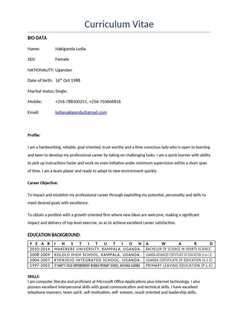 Ugandan Sports Science CV of Nakiganda Lydia | PDF | Physical Therapy ...