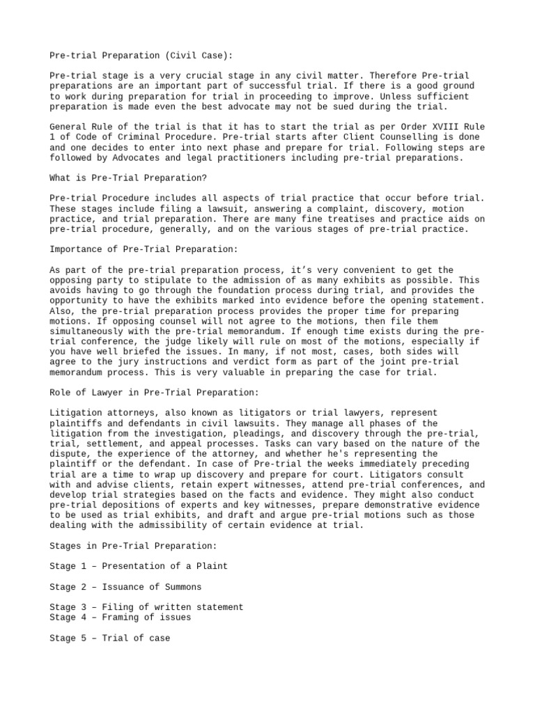 Pre-Trial Preparation (Civil Case) | PDF | Lawsuit | Trials