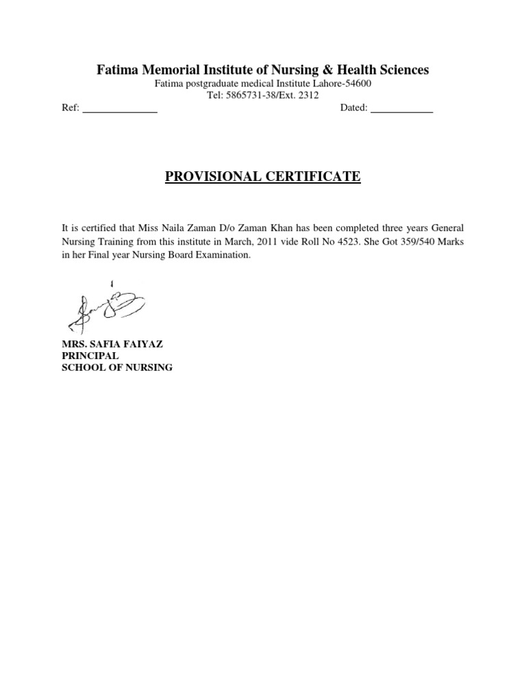 Provisional Nursing Certificate for Naila Zaman | PDF