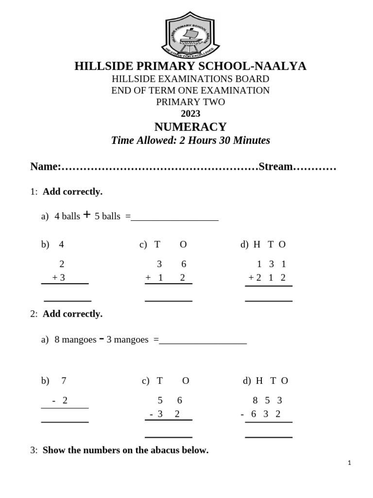 Primary Two Numeracy Exam 2023 | PDF