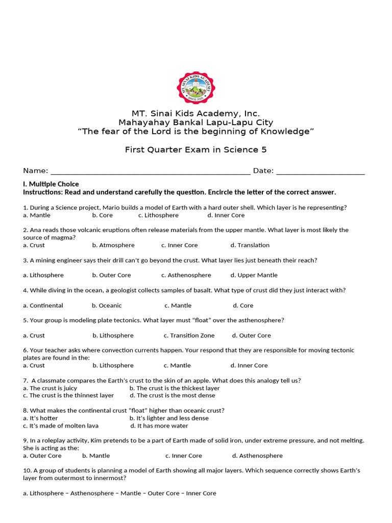 G10 First Quarter Exam in Science | PDF | Plate Tectonics | Crust (Geology)