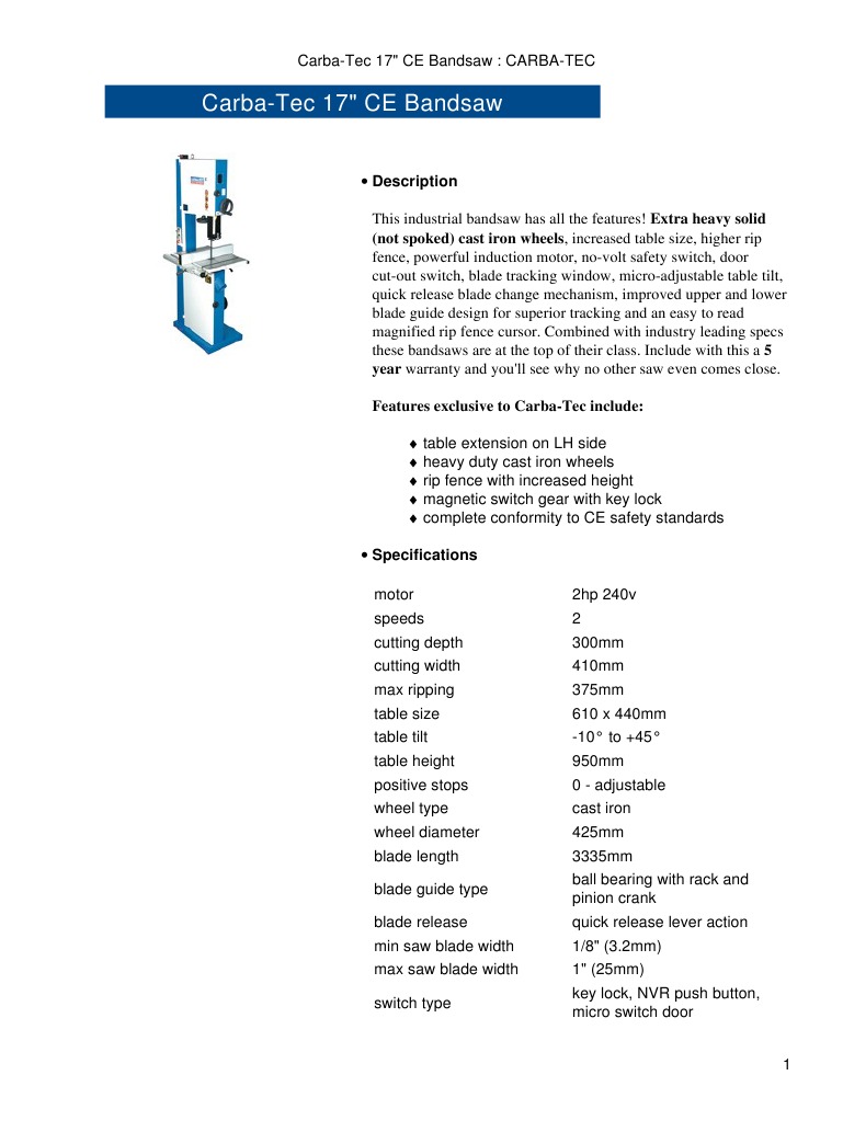 Carba-Tec 17" CE Bandsaw Overview | PDF