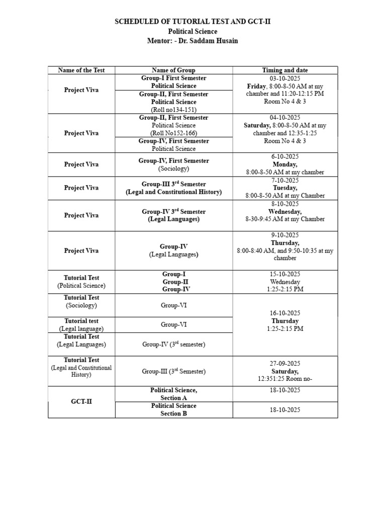 Schedule of Tutorial Test, Viva and GCT-II-1 | PDF | Academic Term