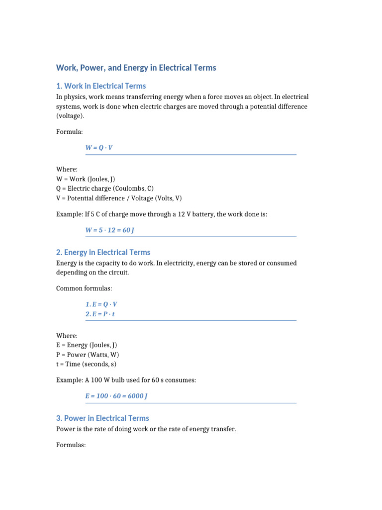 Electrical Work and Energy Formulas | PDF