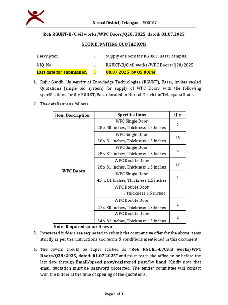 Q28 - Notice Inviting Quotations For Supply of WPC Doors For RGUKT ...