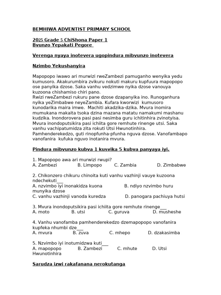 2025 Grade 5 ChiShona Paper 1-2 | PDF