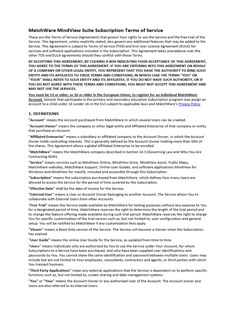 MatchWare MindView Subscription Terms | PDF | Indemnity | Terms Of Service
