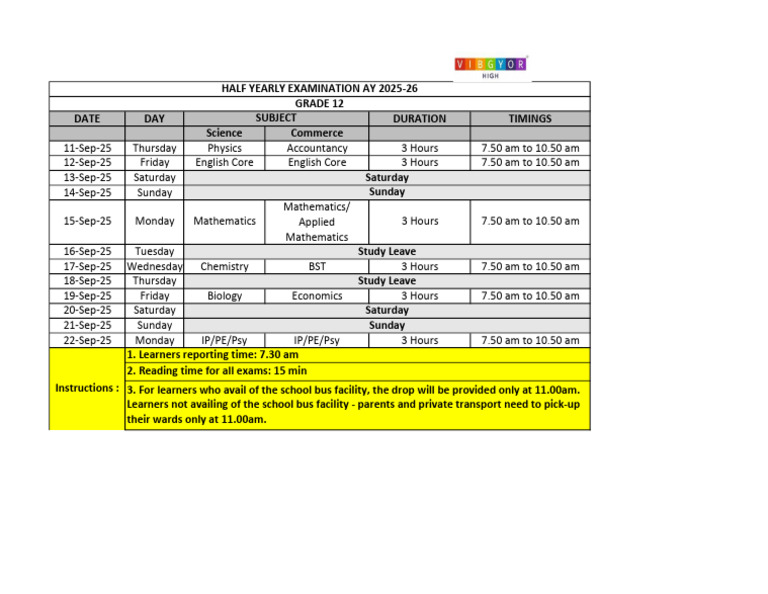 Grade 12 CBSE Half Yearly Timetable AY 25-26 | PDF