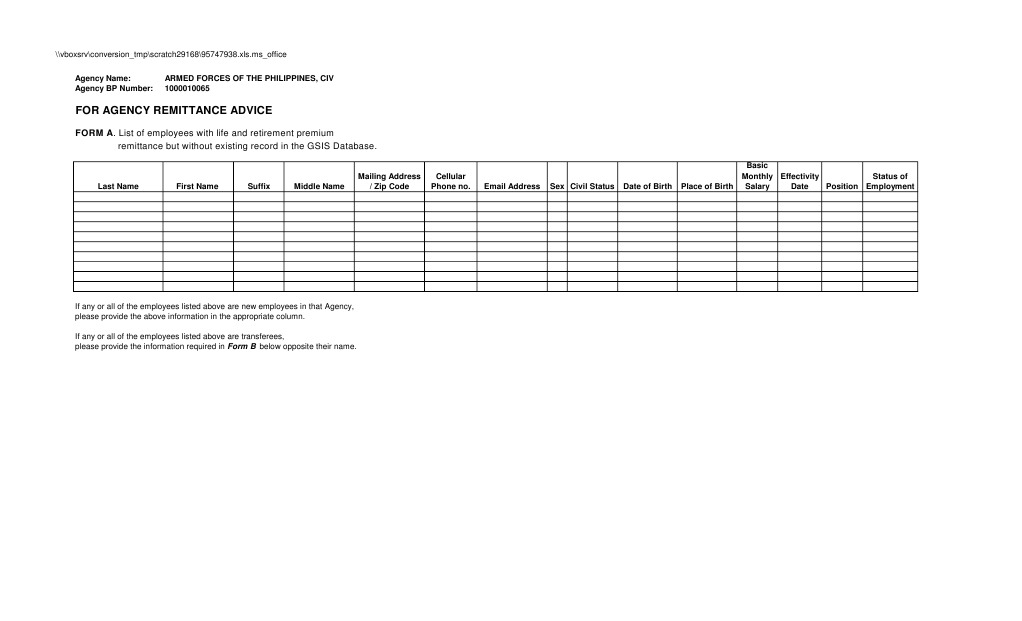 For Agency Remittance Advice: FORM A. List of Employees With Life and ...