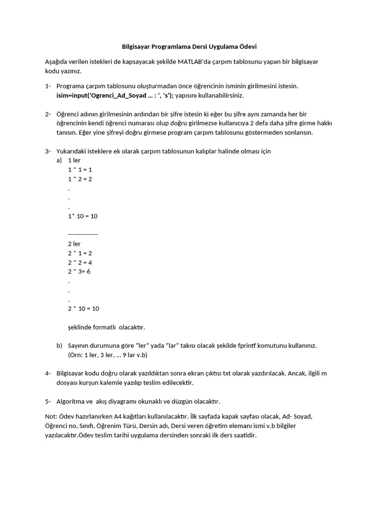 Bilgisayar Programlama Dersi Uygulama Ödevi | PDF