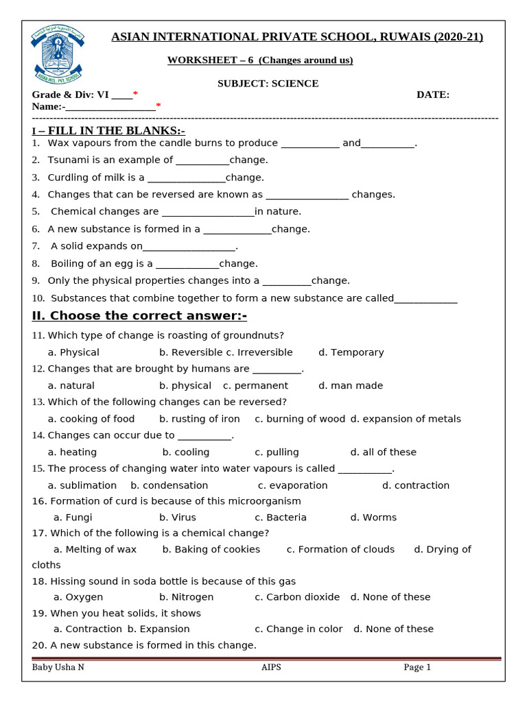 Udhayachandrika Elanchezhian - Science Work Sheet 6 - Grade 6 - CH 6 ...