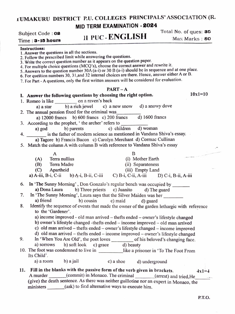 2nd PUC English Mid Term Exam 2024 | PDF | Spaceflight | Space Programs