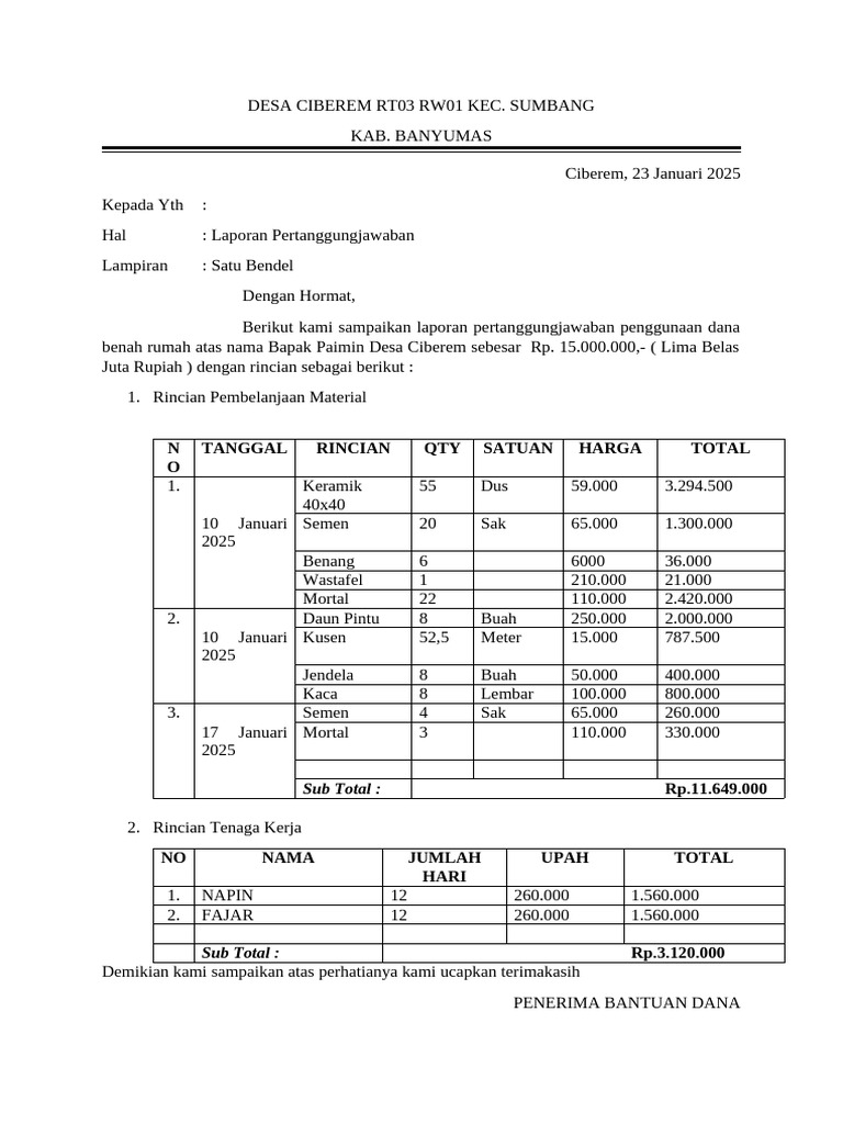 Laporan Penggunaan Dana Benah Rumah Ciberem | PDF