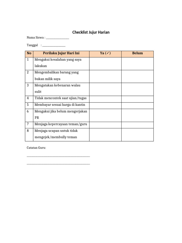 Checklist - Jujur - Harian, Mingguan & Evaluasi Program | PDF
