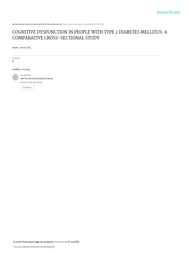 Cognitive Dysfunction in Type 2 Diabetes | PDF | Diabetes | Dementia