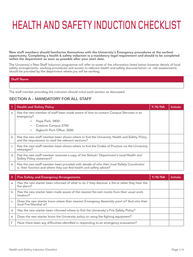 Health and Safety Induction Checklist | PDF | Occupational Safety And ...