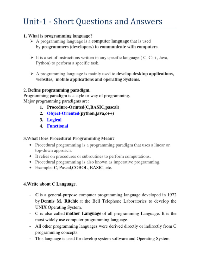 1 - 0 - Unit1 ShortQues Ans | PDF | Computer Programming | Computer Program
