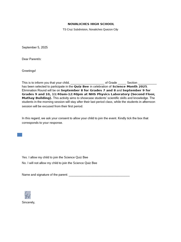 Parent's Permit - QUIZ BEE - 2025.docx - 20250905 - 082853 - 0000 | PDF