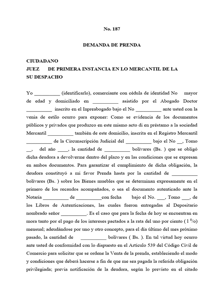 Demanda de Prenda Mercantil | PDF