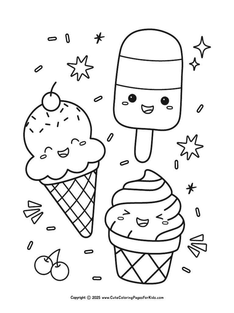 Cute Ice Cream Cones Coloring Page Kawaii | PDF