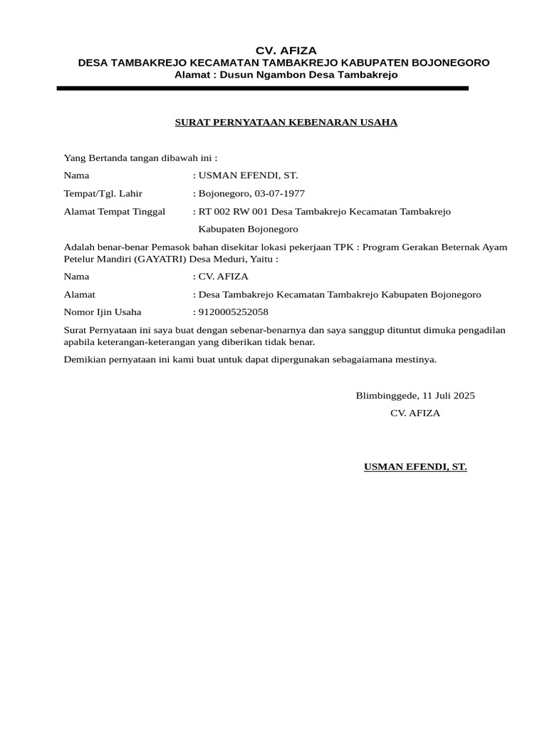 Surat Pernyataan Kebenaran Usaha - CV Afiza | PDF