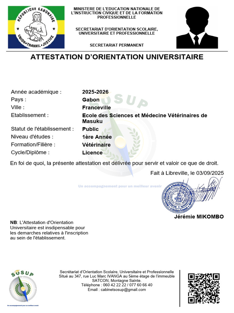 Attestation d'Orientation Universitaire | PDF