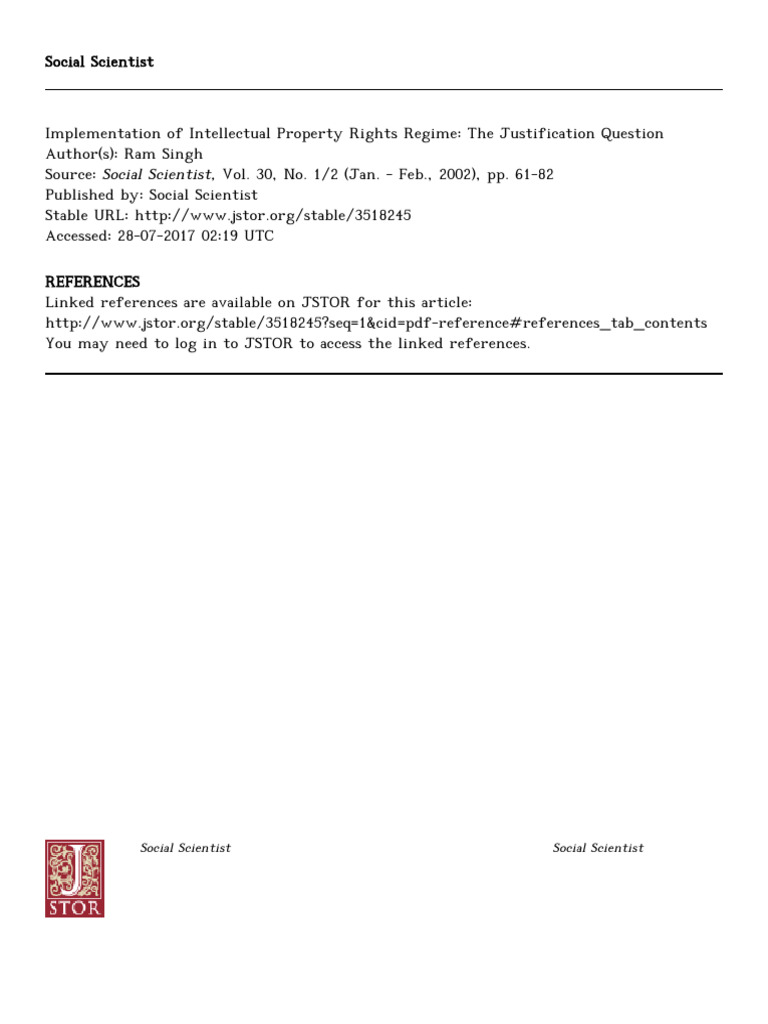 Singh Implementation of IP Regimes - The Justification Question | PDF | Intellectual Property ...