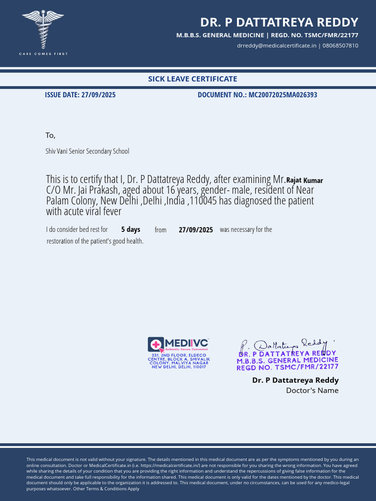 Sick Leave Certificate for Viral Fever | PDF | Human Diseases And ...