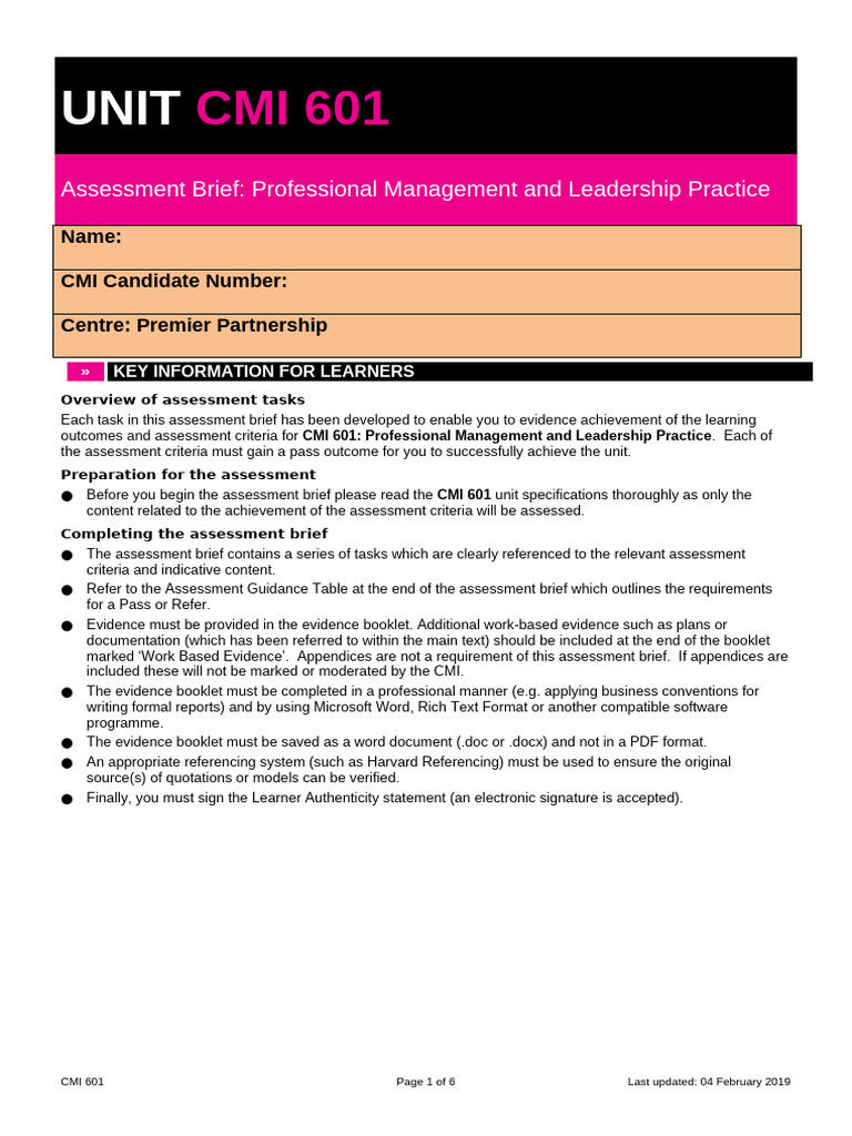 CMI 601: Management & Leadership Assessment | PDF | Leadership | Thought