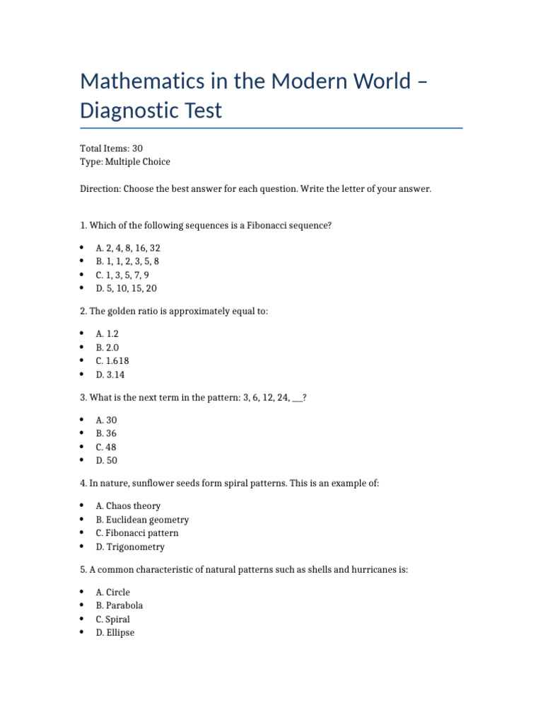 Mathematics Diagnostic Test Questions | PDF | Mathematics | Argument