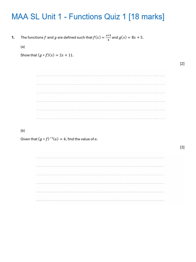 MAA SL Unit 1 - Functions Quiz 1 | PDF