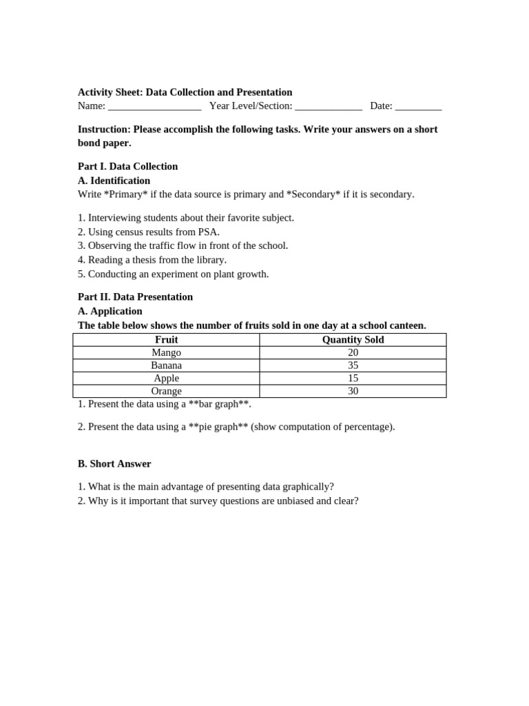 Week 4 Activity Sheet Data Collection and Presentation | PDF