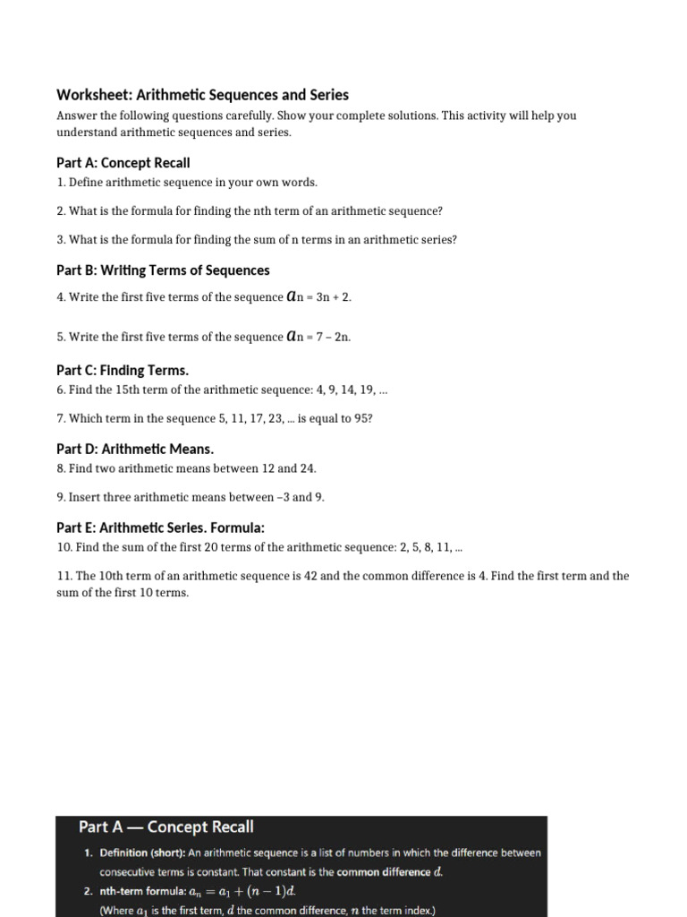 Week 5 Activity Sheet - Worksheet Arithmetic - Sequences - Worksheet | PDF