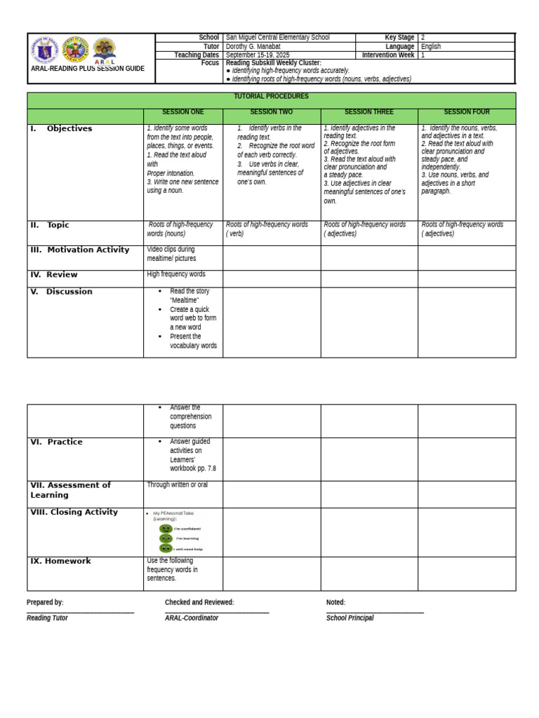 Sample Ks2 Aral Reading Plus Weekly Lesson Plan | PDF | Adjective | Verb